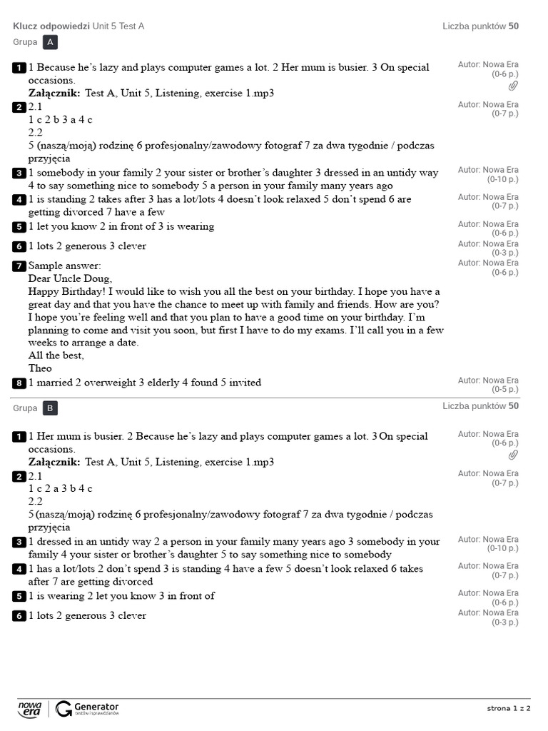 Unit 5 Test A Klucz Odpowiedzi | PDF