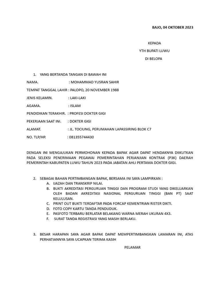 Surat Lamaran Yusran | PDF