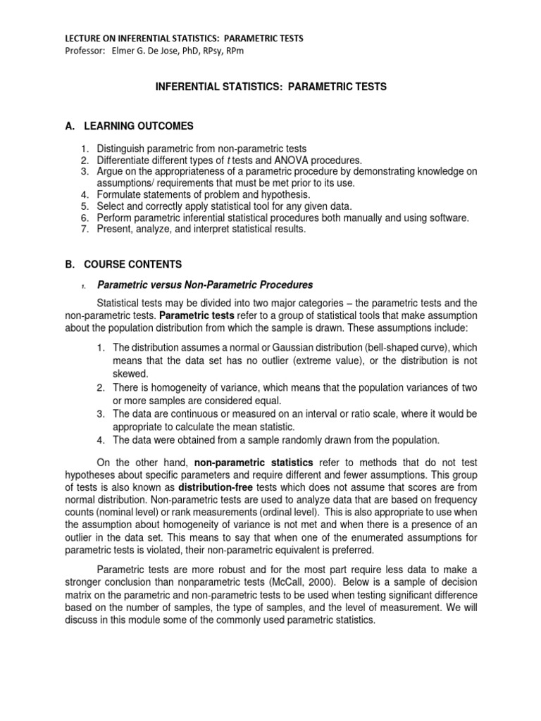 Parametric Tests in Inferential Statistics | PDF | Analysis Of Variance ...