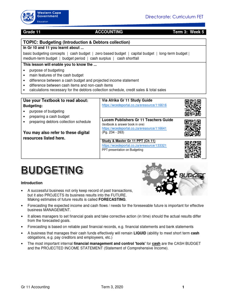 Grade 11 Cash Budgeting Overview | PDF | Income Statement | Cash