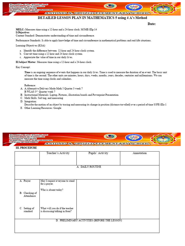 Detailed Lesson Plan in Math 5-Co | PDF | Time | Hour