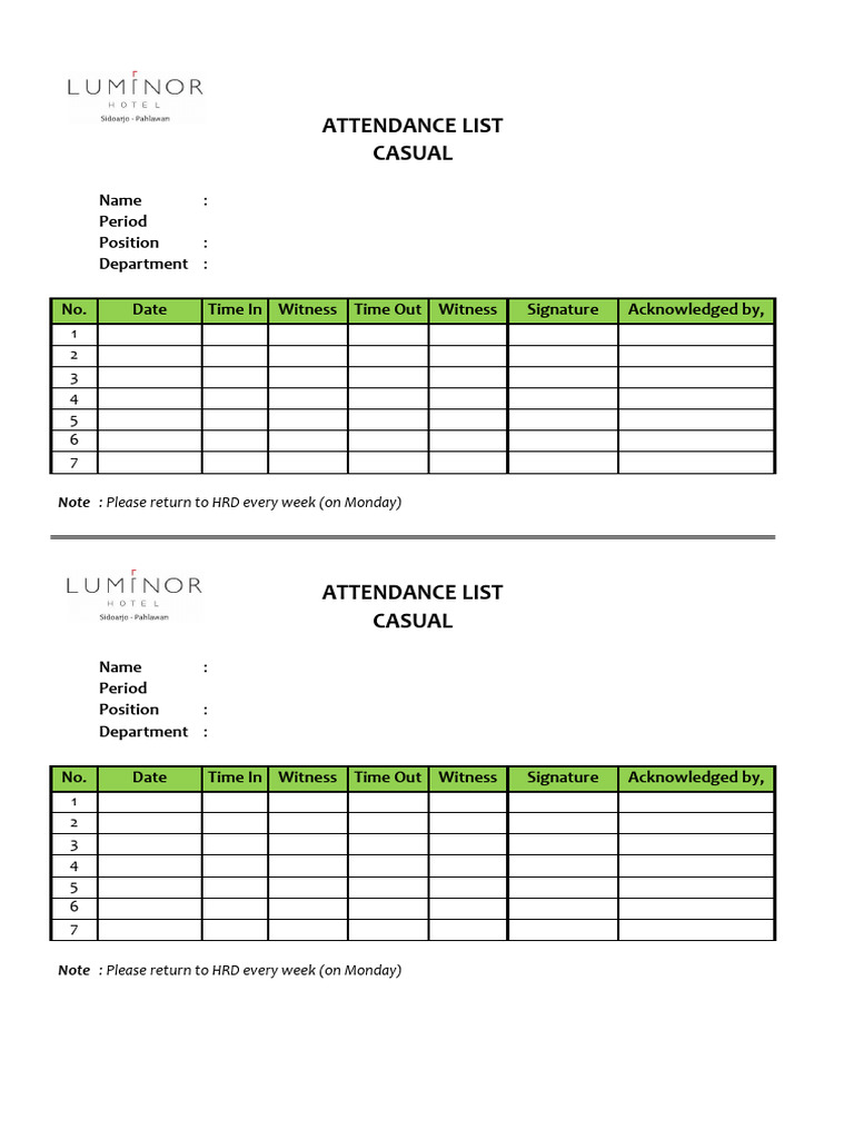 Form - Attendance List Casual On Call | PDF