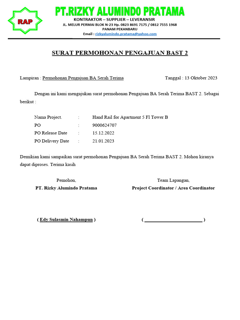 SURAT PERMOHONAN PENGAJUAN BAST 2 | PDF