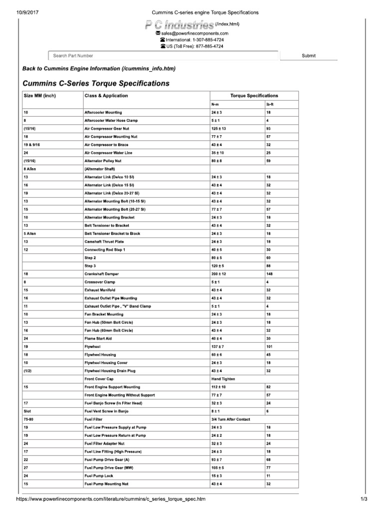 Cummins C-Series Engine Torque Specifications | PDF