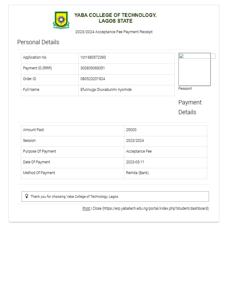 Eduportal - YABATECH Acceptance Fee Payment Receipt | PDF