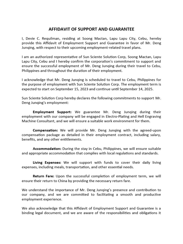Employment Support Affidavit for Mr. Deng | PDF | Employment | Business