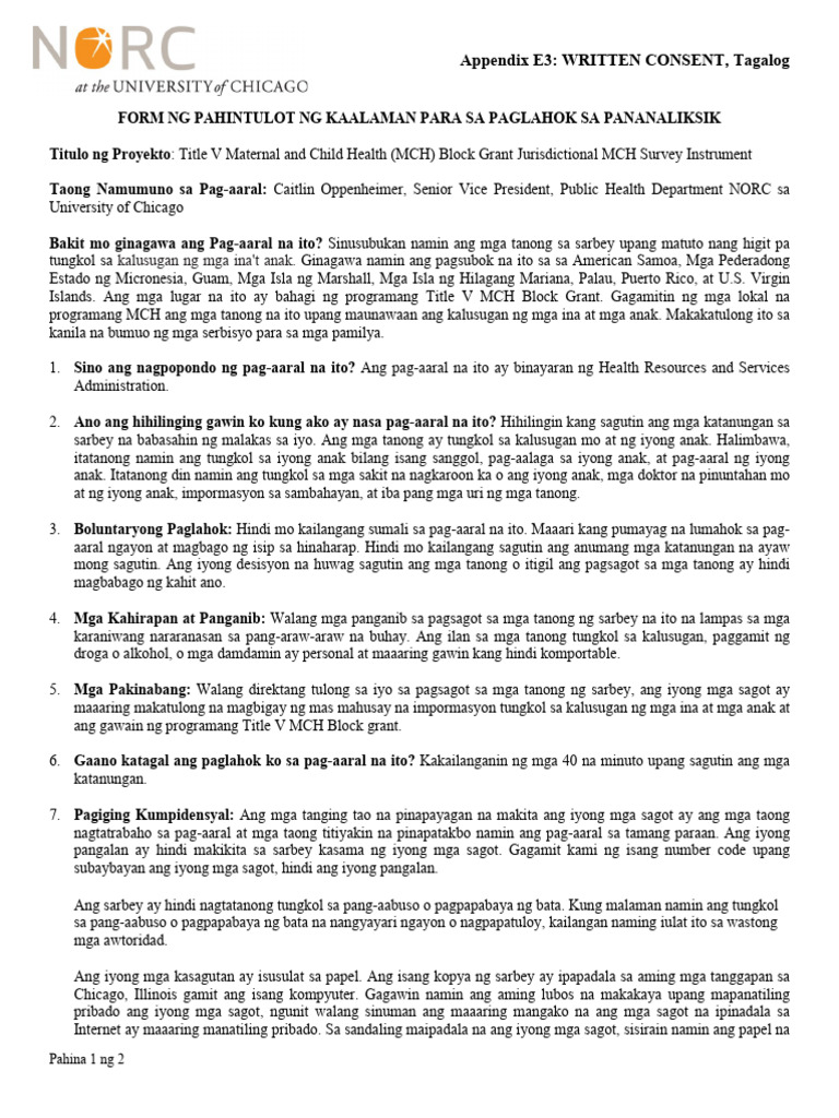 Sample Tagalog Consent Form 2 Chicago University | PDF