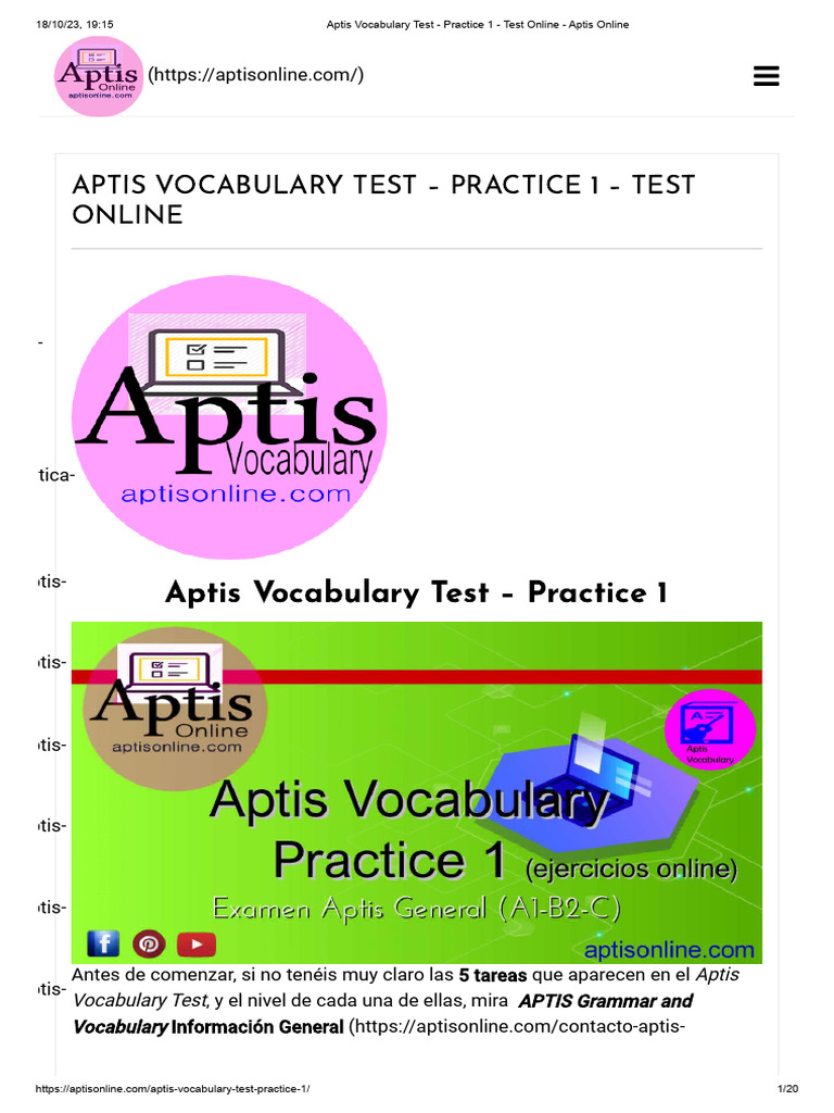 Aptis Vocabulary Test - Practice 1 - Test Online - Aptis Online | PDF