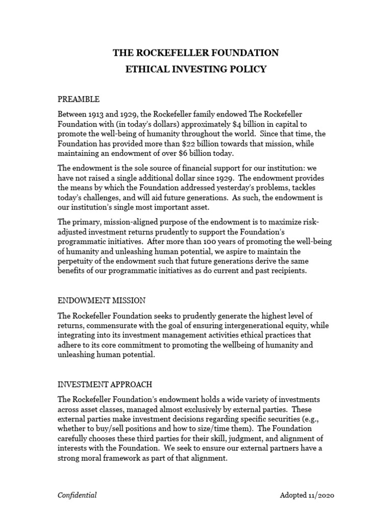 The Rockefeller Foundation Ethical Investing Policy Framework | PDF ...