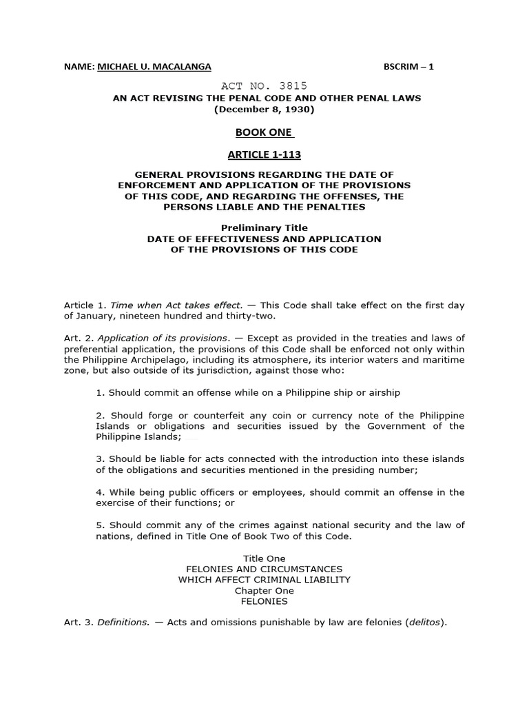 Book 1 Penal Code - Michael Macalanga | PDF | Bail | Felony