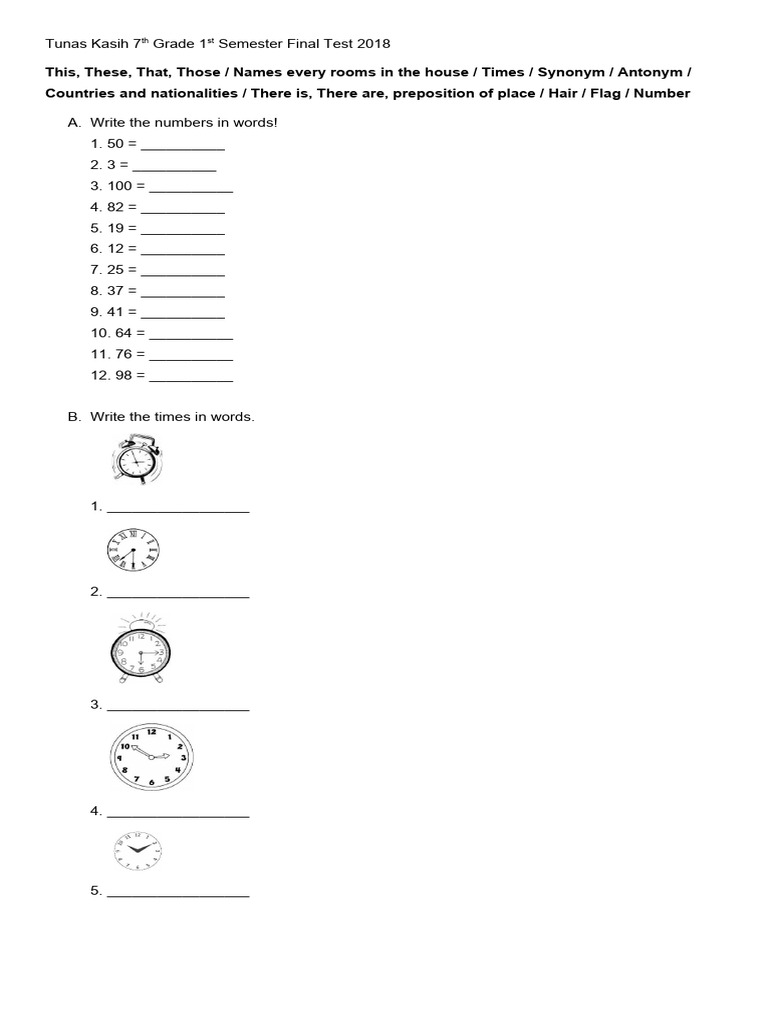 7th Grade 1st Semester Final Test | PDF