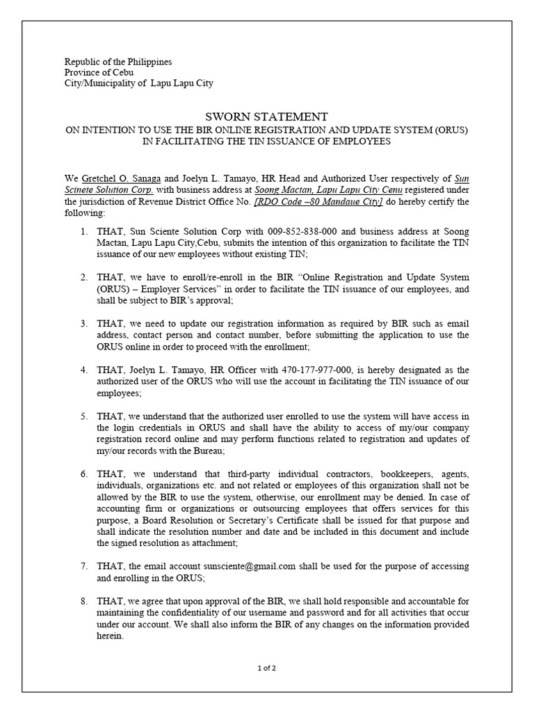 Employer Sworn - Statement - Template | PDF