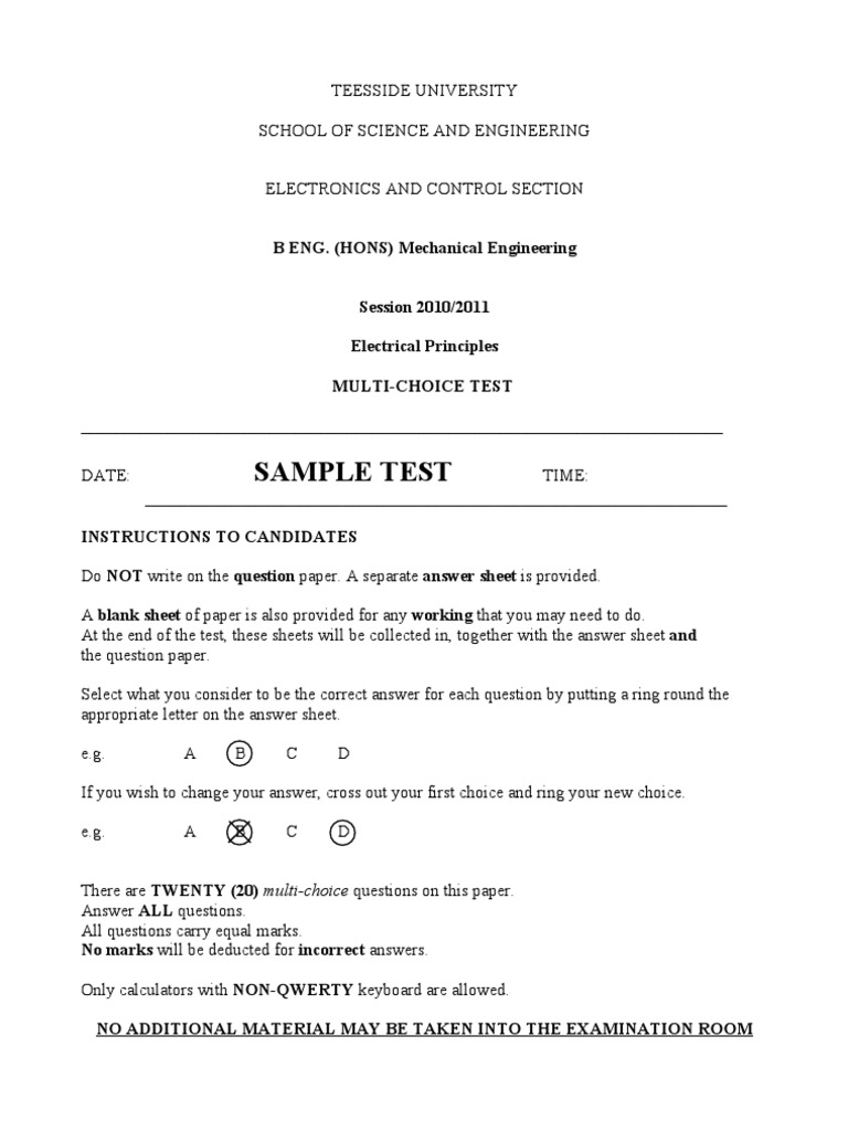 Mechanical Engineering Electrical Test | PDF | Resistor | Electric Current