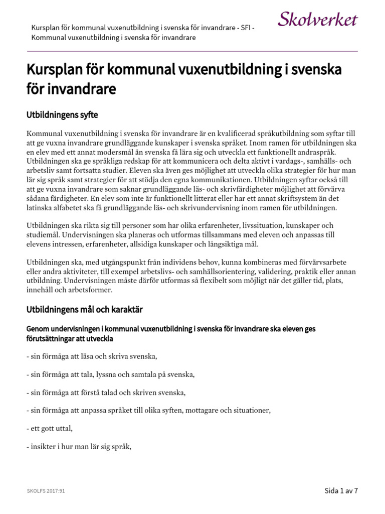 Kursplan För Kommunal Vuxenutbildning I Svenska För Invandrare | PDF
