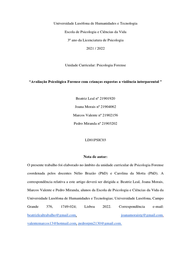 Avaliação Psicológica de Crianças em Violência Interparental | PDF ...