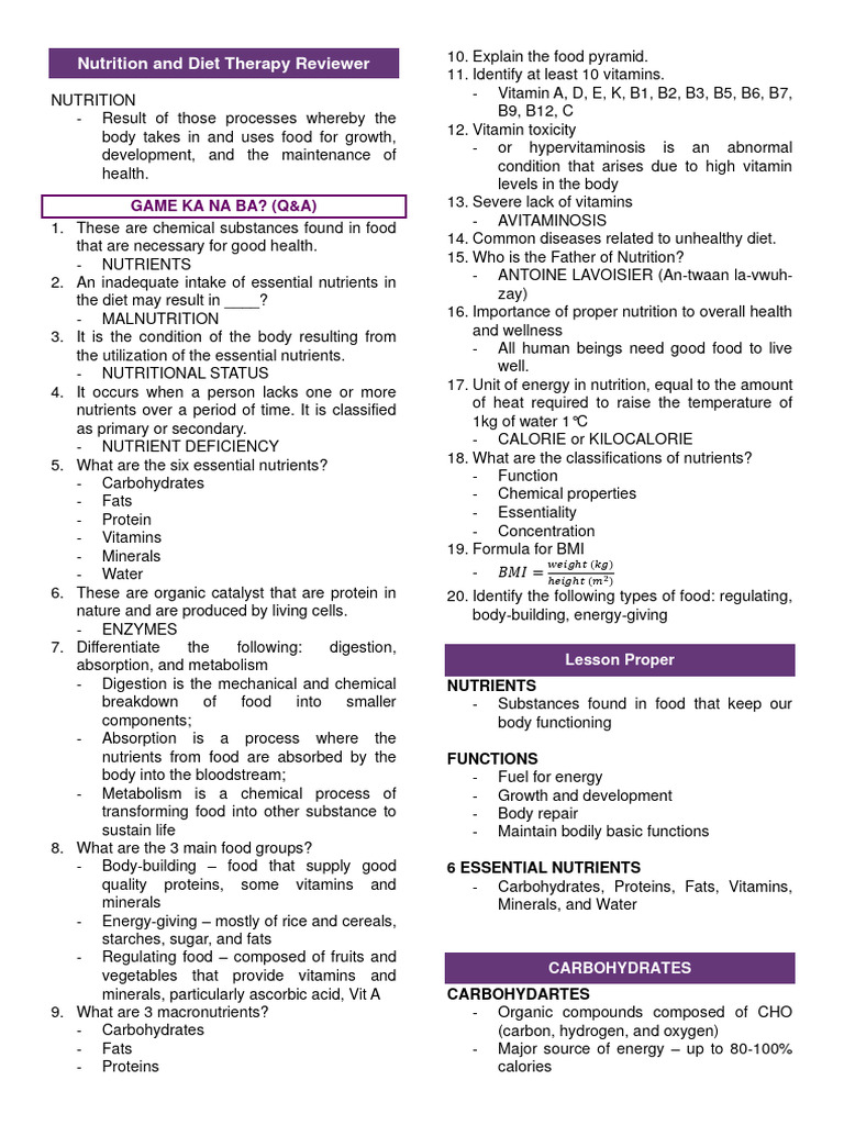 Nutrition and Diet Therapy Guide | PDF | Carbohydrates | Glucose