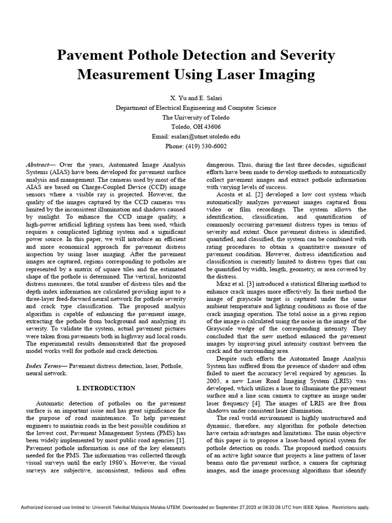 Pavement Pothole Detection and Severity Measurement Using Laser Imaging | PDF | Image ...