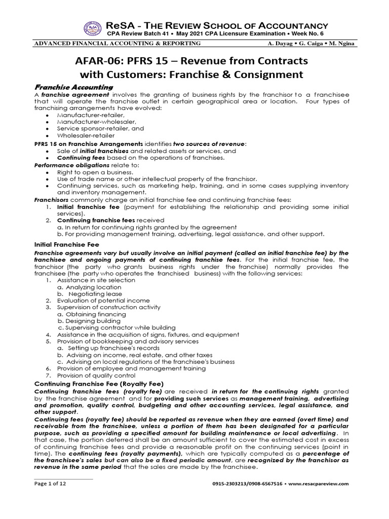 AFAR-06: Revenue From Contracts With Customers: Franchise & Consignment ...