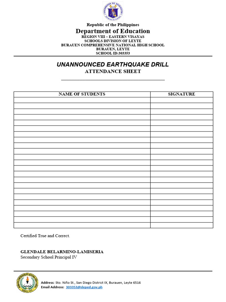 ATTENDANCE Sheet UNANNOUNCED EARTHQUAKE DRILL | PDF