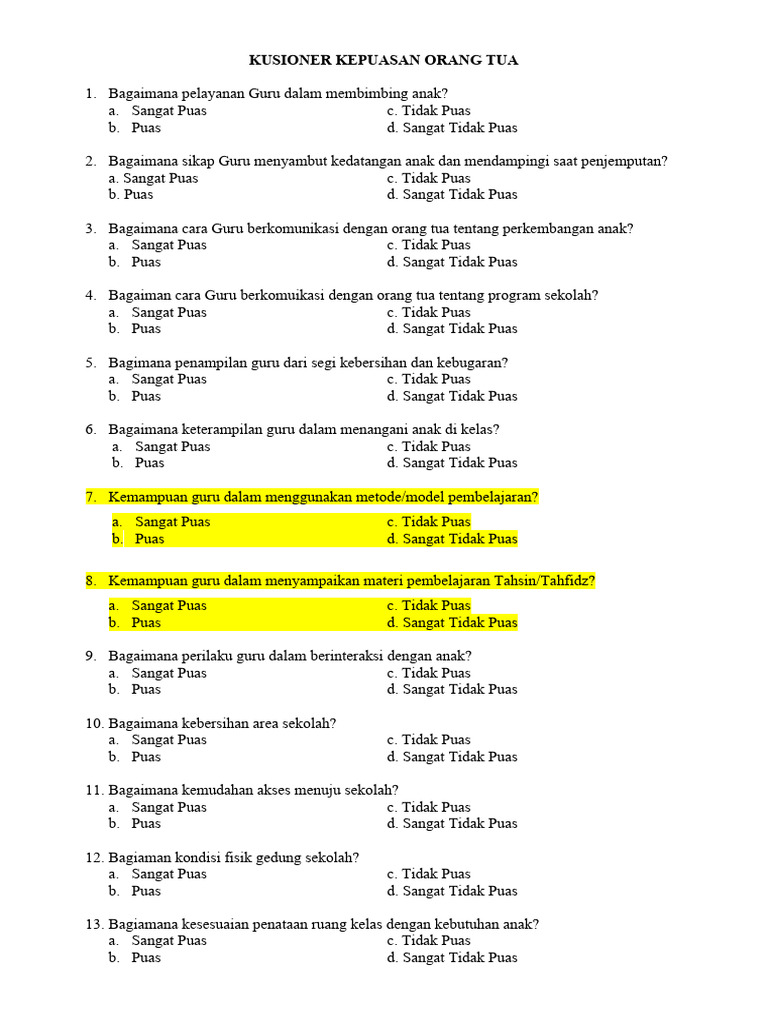 KUESIONER KEPUASAN ORANG TUA | PDF