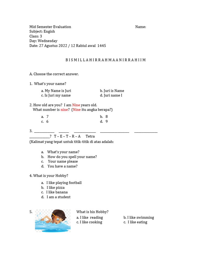 Mid Semester Evaluation - Grade 3 | PDF | Color | Artistic Techniques