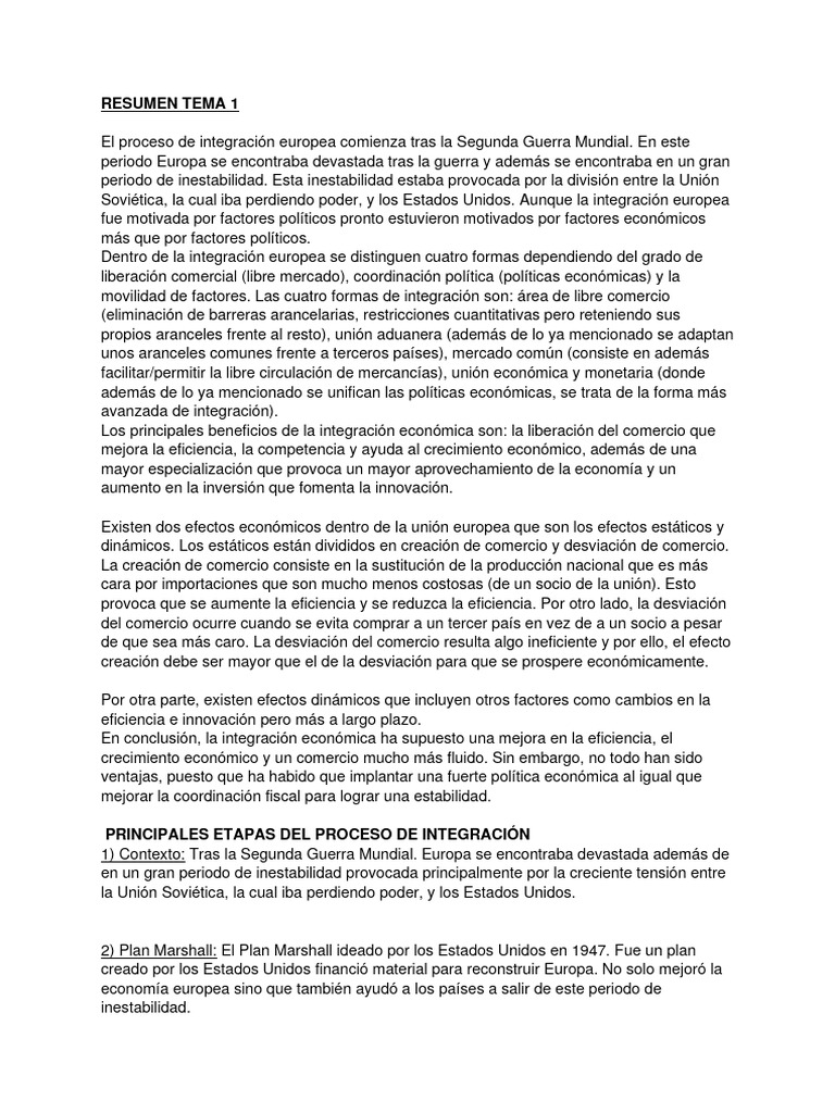 Resumen Tema 1 | PDF | Comunidad Económica Europea | Unión Europea