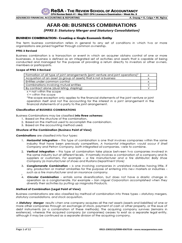 AFAR-08: BUSINESS COMBINATIONS (PFRS 3: Statutory Merger and Statutory ...
