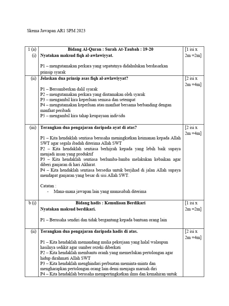 Skema Jawapan Ar1 SPM 2023 | PDF
