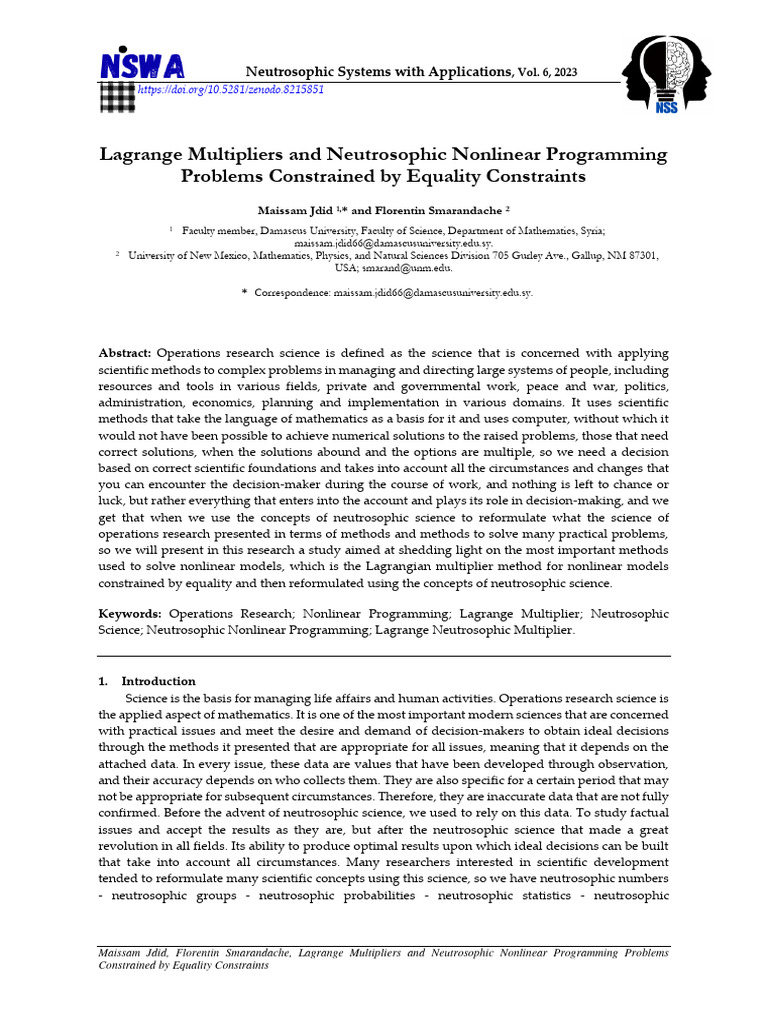 Lagrange Multipliers and Neutrosophic Nonlinear Programming Problems Constrained by Equality ...