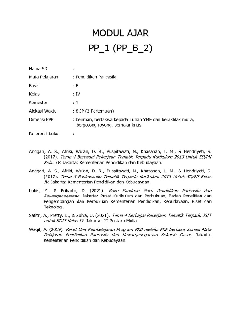 Modul Ajar - Pendidikan Pancasila (1) - Kelas IV - PP - B - 2 | PDF