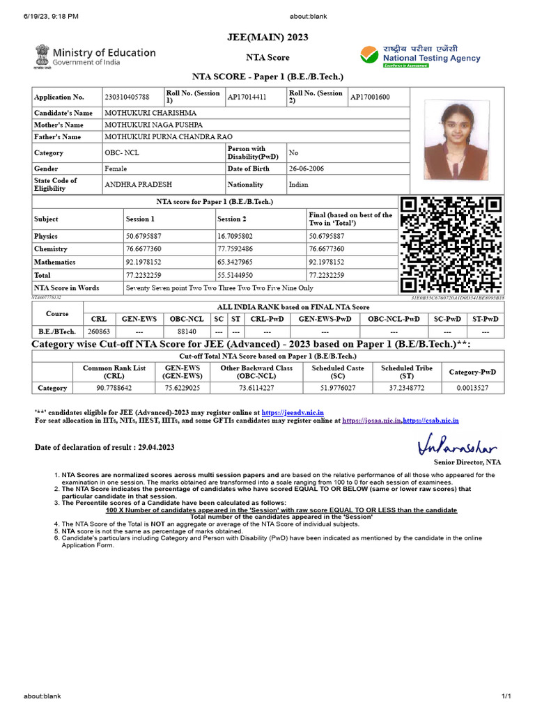 JEE (MAIN) 2023: NTA Score NTA SCORE - Paper 1 (B.E./B.Tech ...