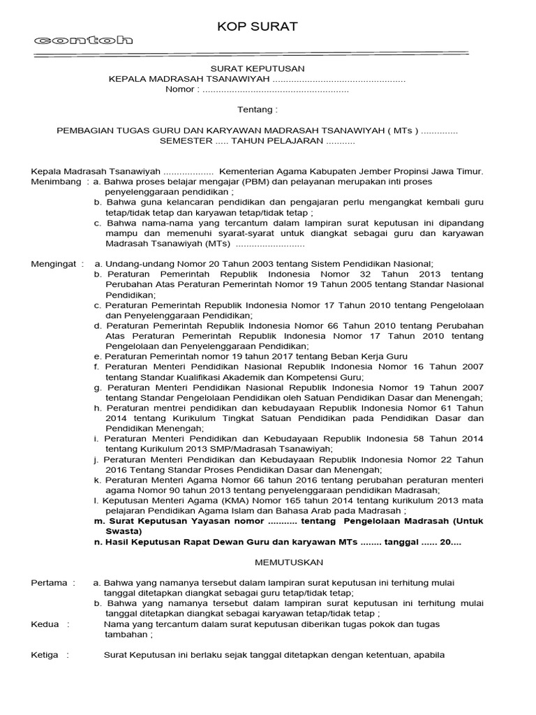 Contoh SK Pembagian Tugas Guru Dan Karyawan | PDF