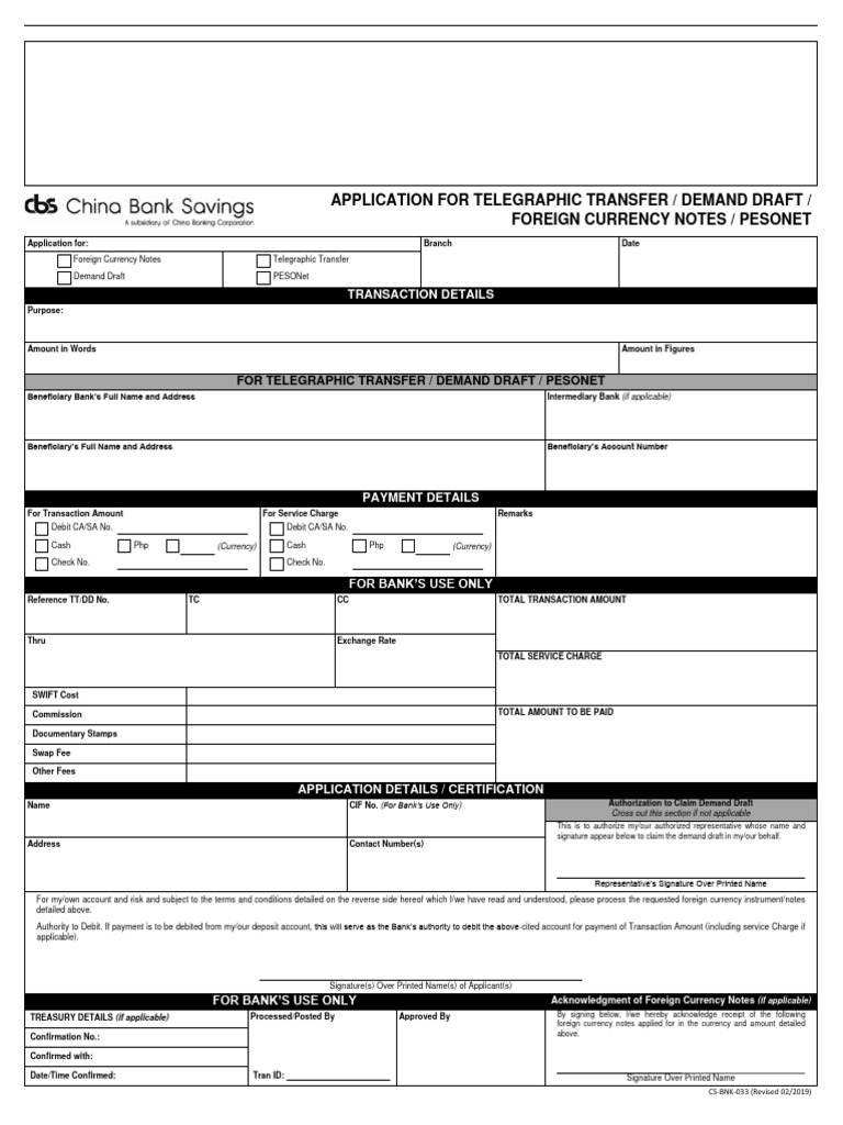 Application For Telegraphic Transfer, Demand Draft, Foreign Currency ...