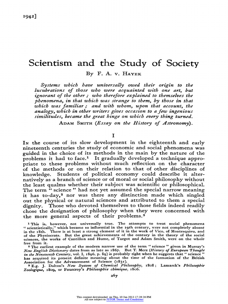 1943 Hayek - Scientism and The Study of Society | PDF | Mind | Knowledge