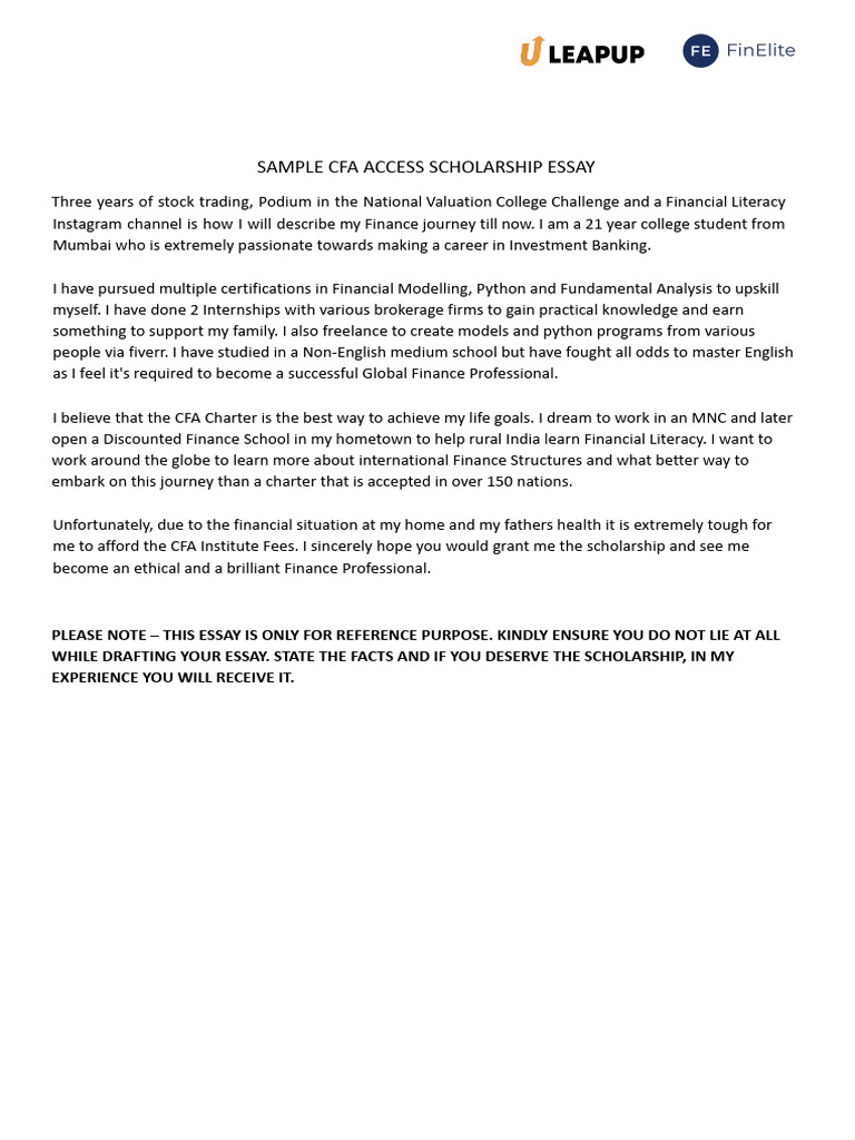 Sample Cfa Access Scholarship Essay 2023 | PDF | Career & Growth ...