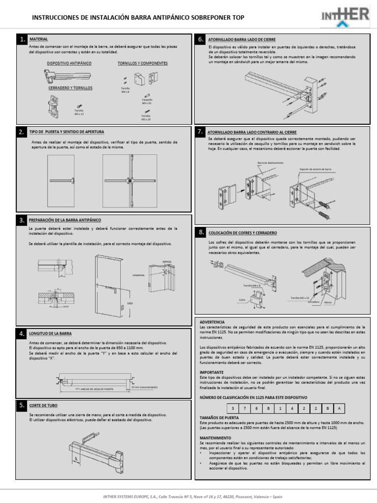 Instrucciones de Montaje de Barra Antipánico Top Sobreponer | PDF