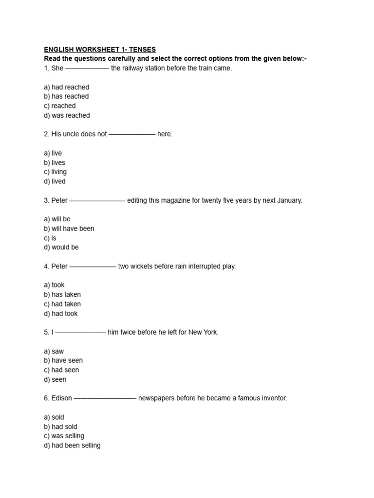 English Worksheet 1 - Tenses | PDF
