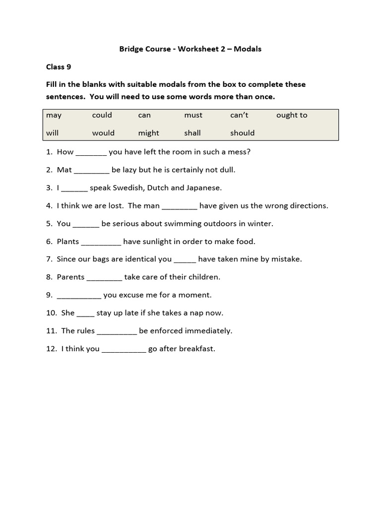 Bridge Course Class 9 WK 2 Modals | PDF