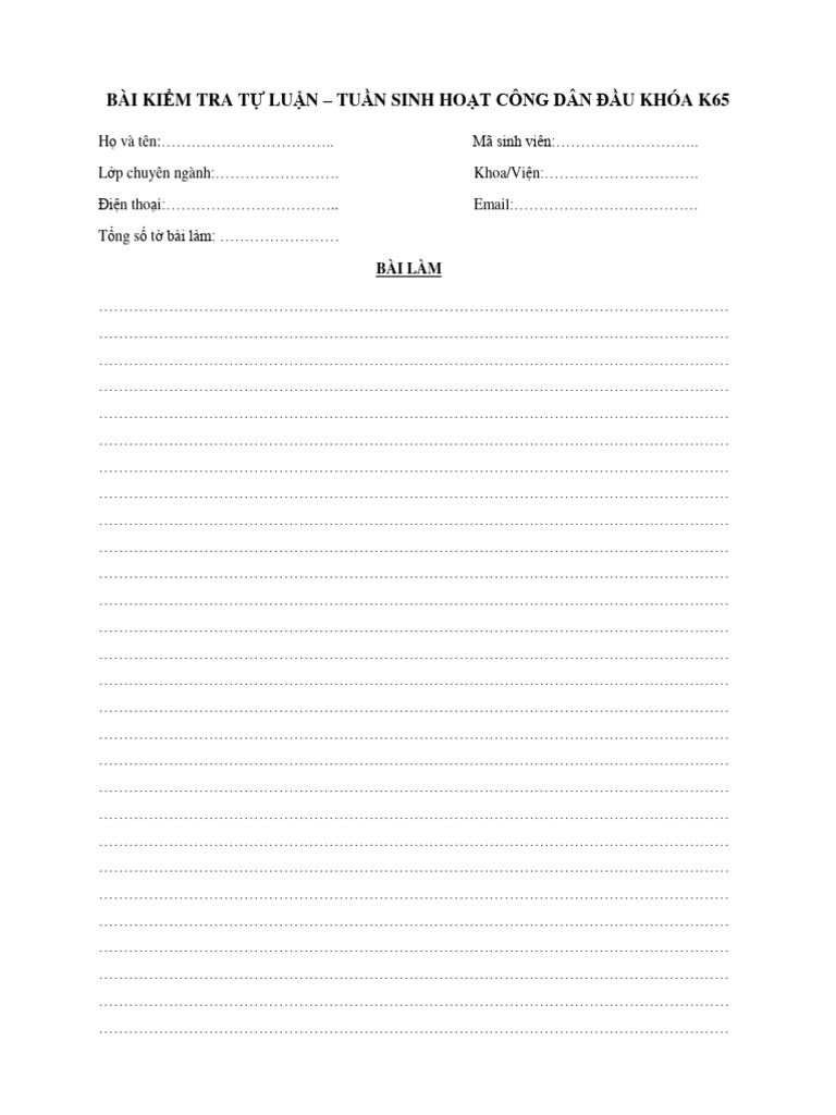 Mẫu Bài Làm Tự Luận - Shcd Đk k65 | PDF