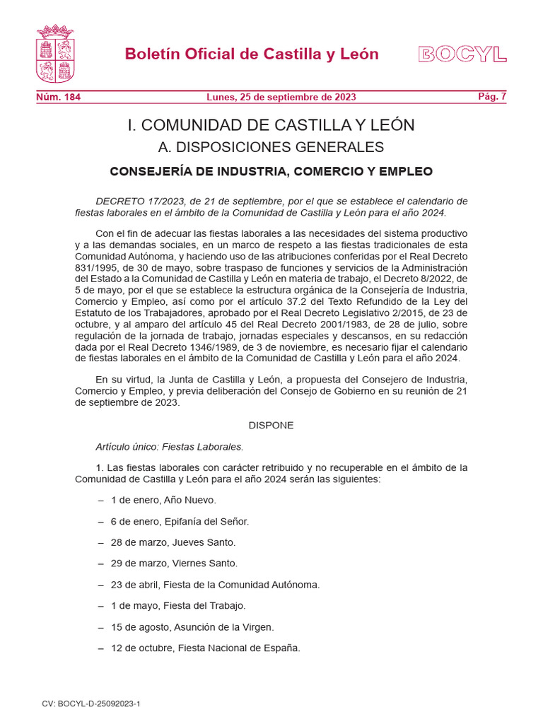 Calendario Fiestas Laborables CyL 2024 | PDF