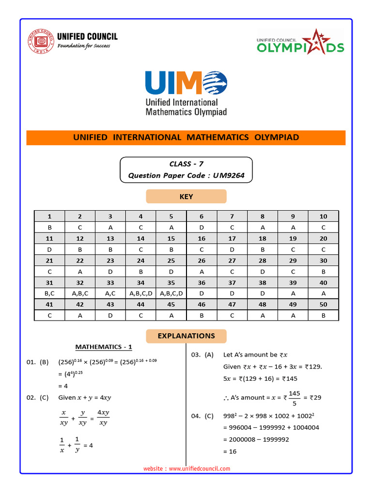 Class 7 Math Olympiad Solutions | PDF | Triangle | Area