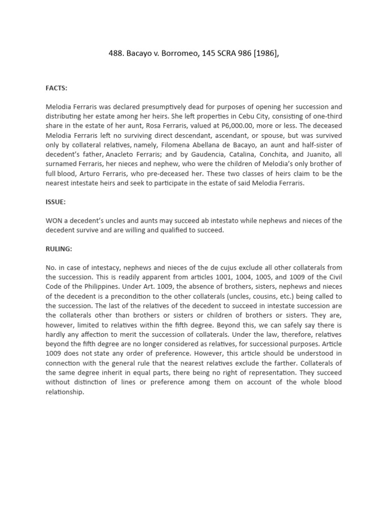 488. Bacayo v. Borromeo, 145 SCRA 986 [1986], | PDF