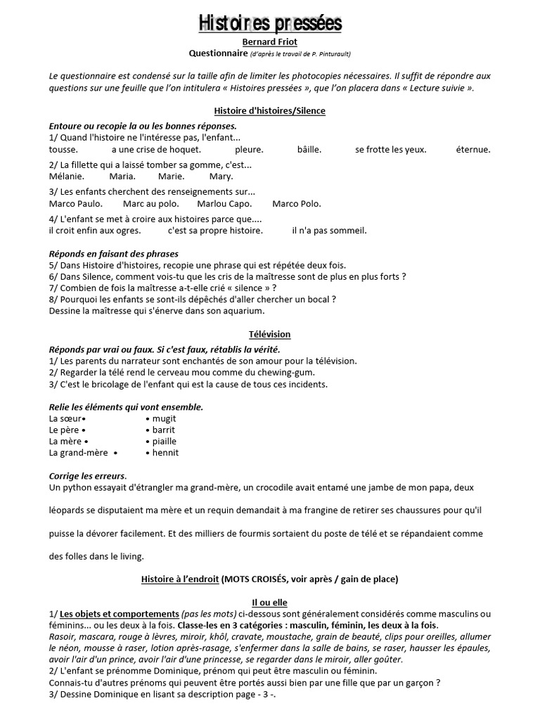 Histoires Pressées Questionnaire | PDF