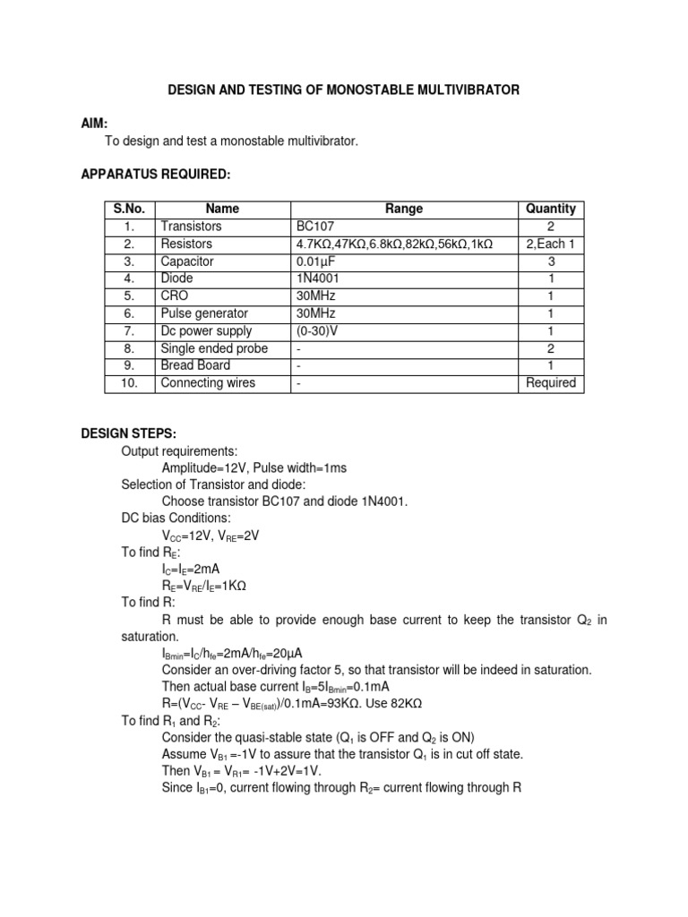Design and Testing of Monostable Multivibrator Aim:: CC RE E C E E RE E ...