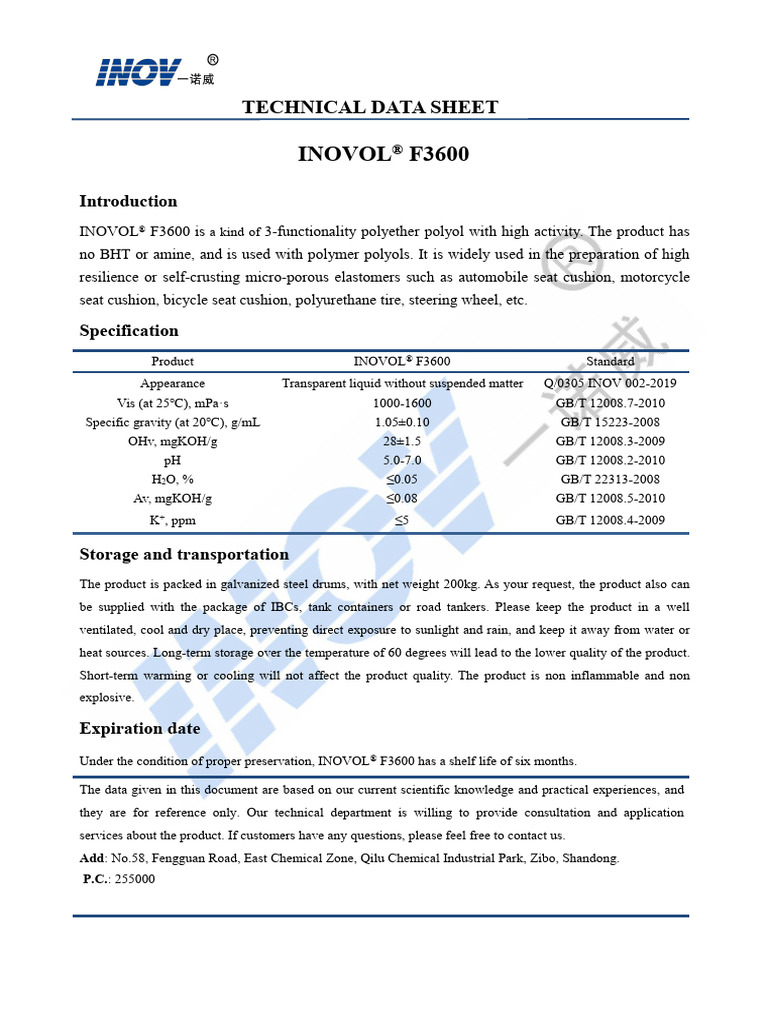 INOVOL F3600 Polyether Polyol TDS | PDF | Polyurethane | Chemical ...