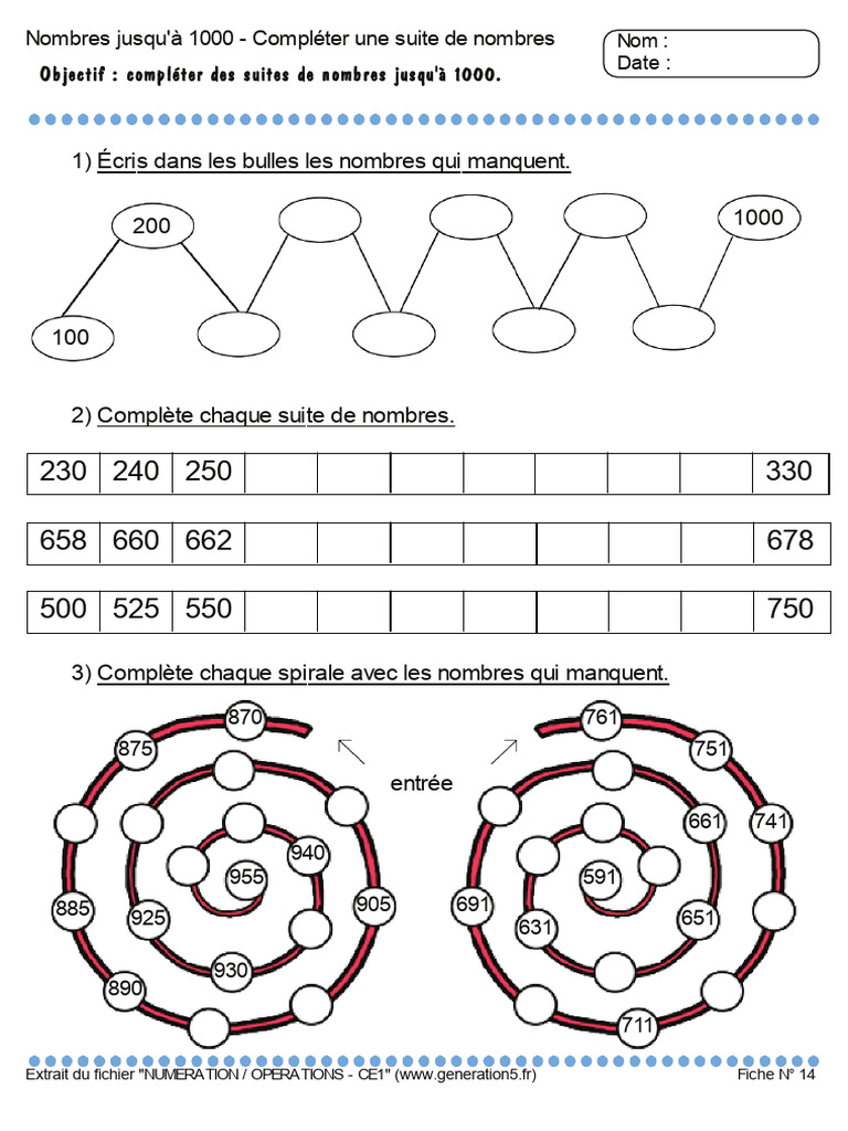 Compléter des suites de nombres jusqu'à 1000 | PDF