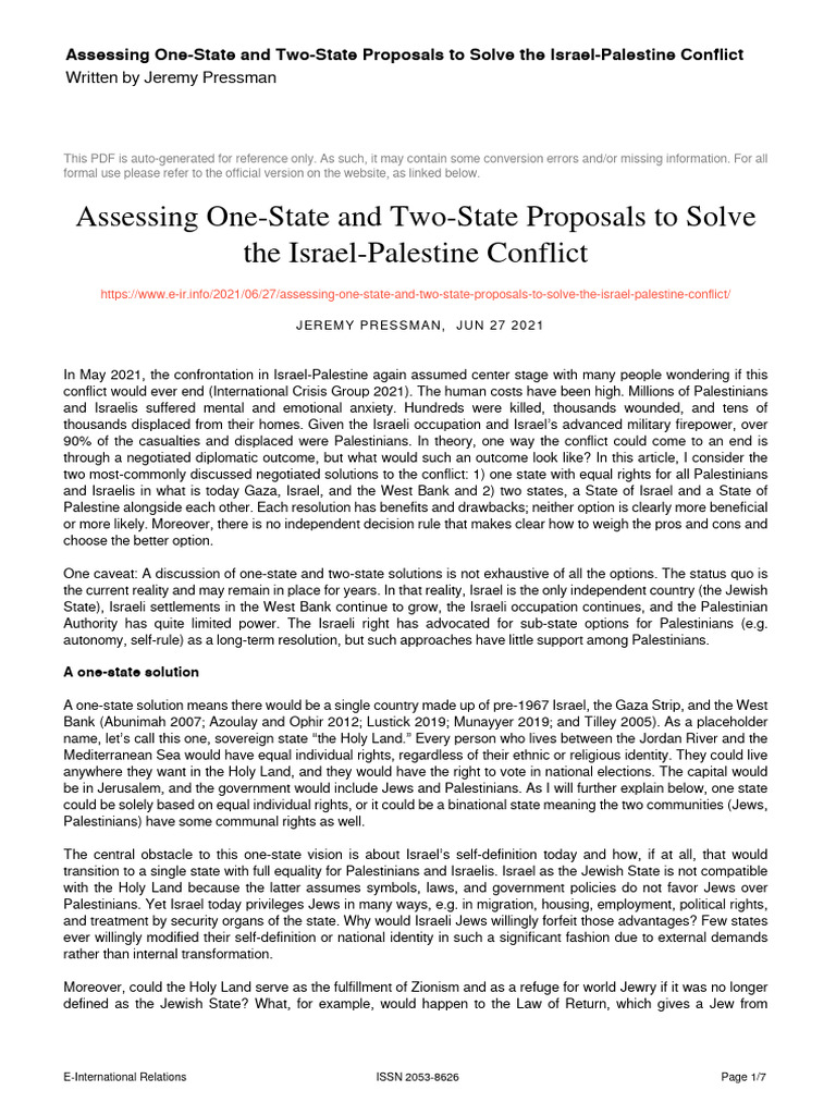 Assessing One State and Two State Proposals To Solve The Israel ...