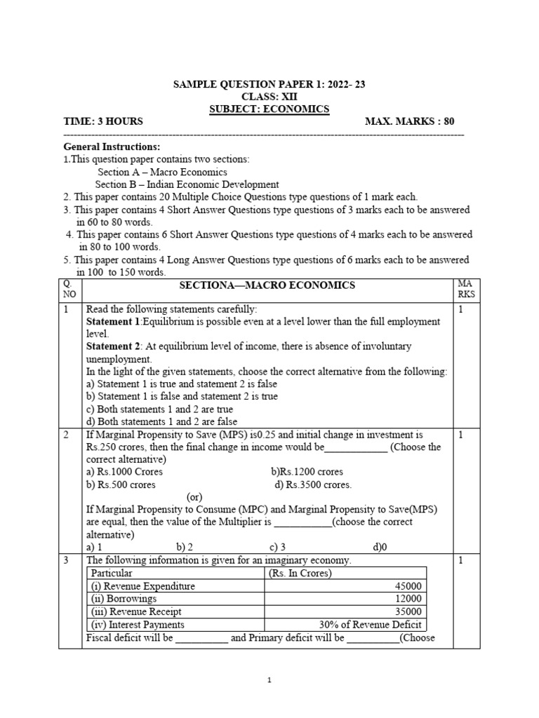 Economics Sample Question Paper XII | PDF | Money | Taxes