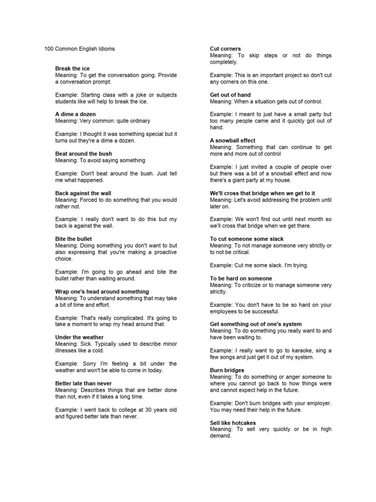 100 Common English Idioms Explained | PDF