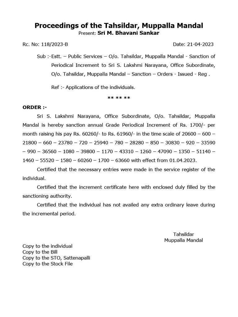 Increment Proceedings - S. Lakshmi Narayana, Os, Tahsildar Office ...